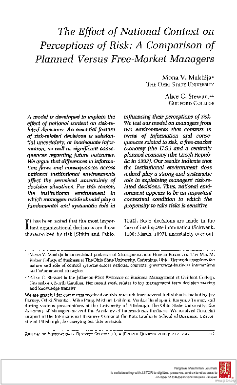 (PDF) The Effect of National Context on Perceptions of Risk: A ...