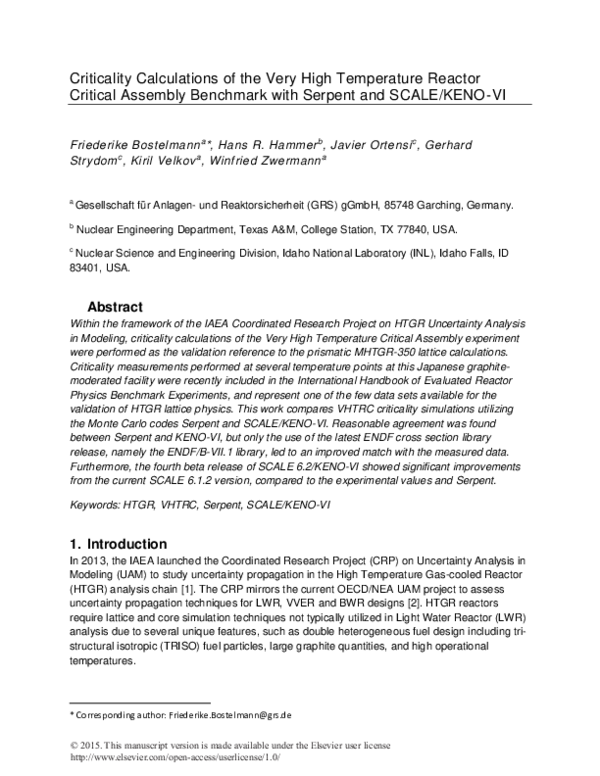 (PDF) Criticality calculations of the Very High Temperature Reactor ...