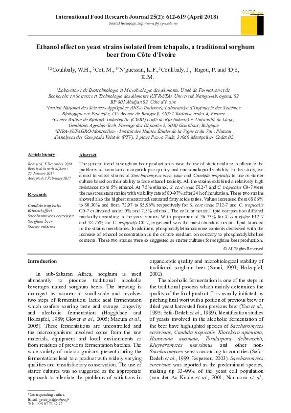 (PDF) Ethanol effect on yeast strains isolated from tchapalo, a ...