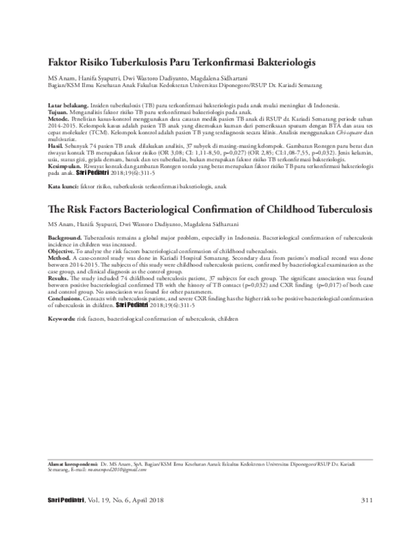 (PDF) Faktor Risiko Tuberkulosis Paru Terkonfirmasi Bakteriologis