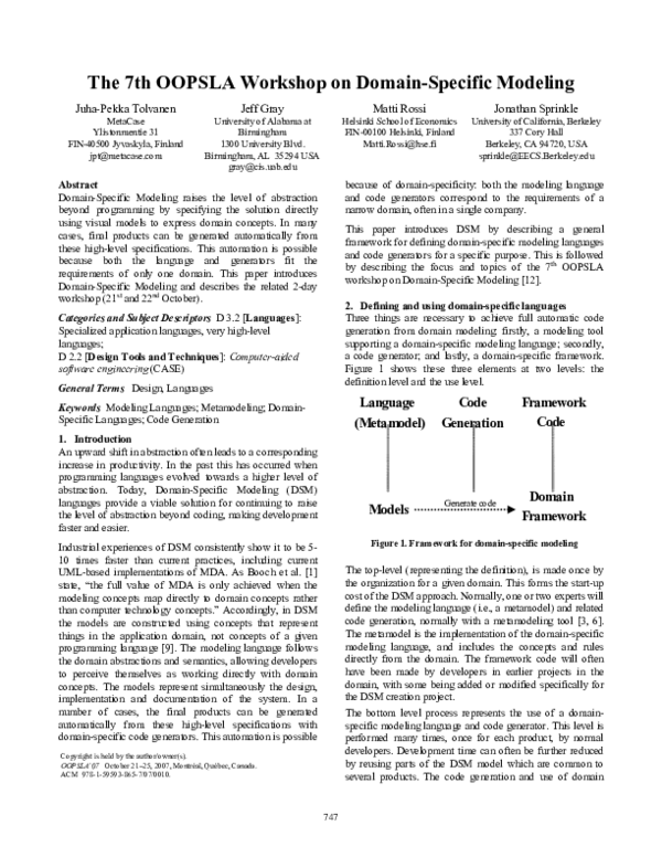 Pdf The 7th Oopsla Workshop On Domain Specific Modeling Matti Rossi