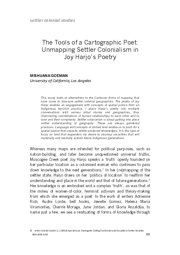 (PDF) The Tools of a Cartographic Poet: Unmapping Settler Colonialism ...