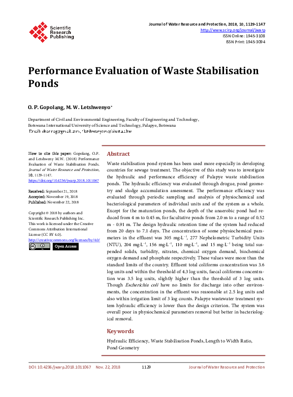 (PDF) Performance Evaluation of Waste Stabilisation Ponds