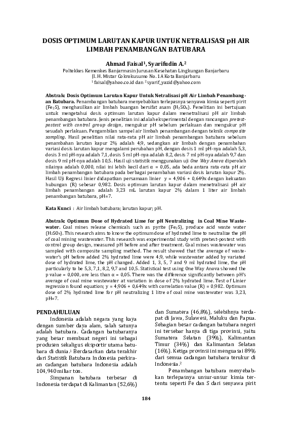 (PDF) Dosis Optimum Larutan Kapur untuk Netralisasi pH Air Limbah ...