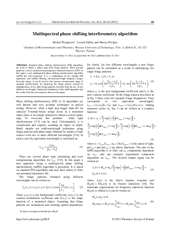 Pdf Multispectral Phase Shifting Interferometry Algorithm Leszek Salbut