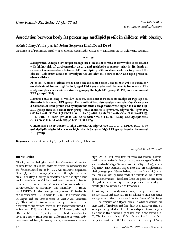 (PDF) Association between body fat percentage and lipid profile in children with obesity