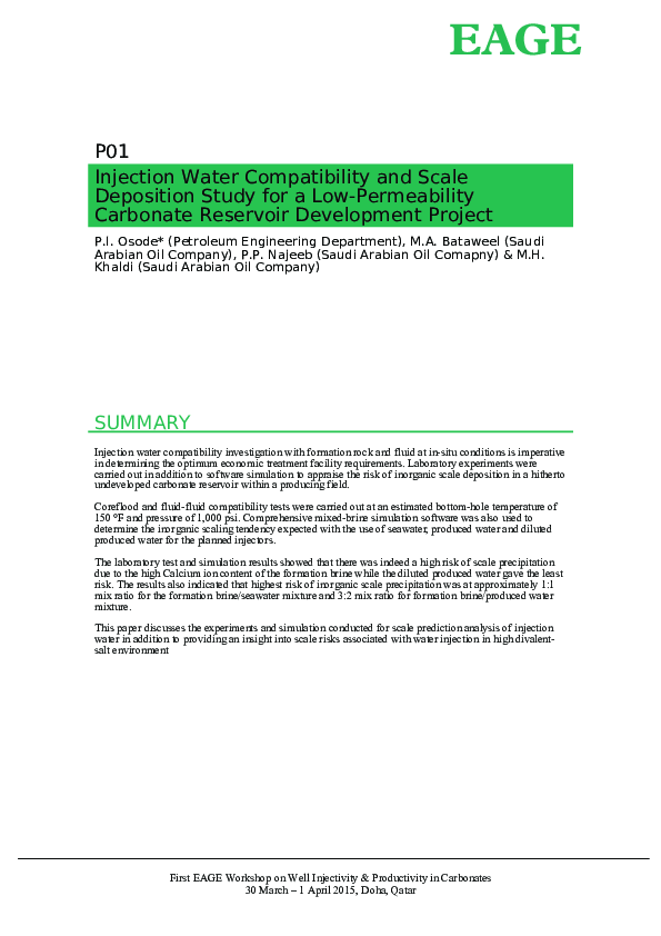 (PDF) Injection Water Compatibility and Scale Deposition Study for a ...