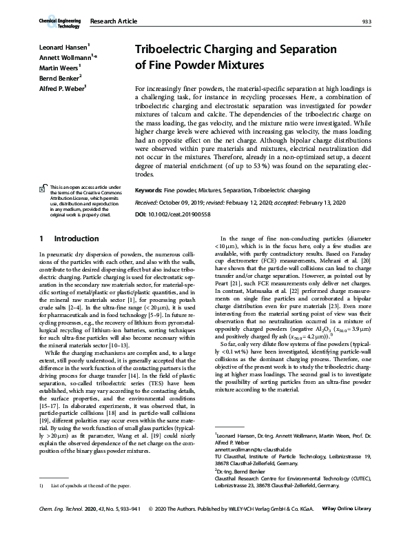 (PDF) Triboelectric Charging and Separation of Fine Powder Mixtures
