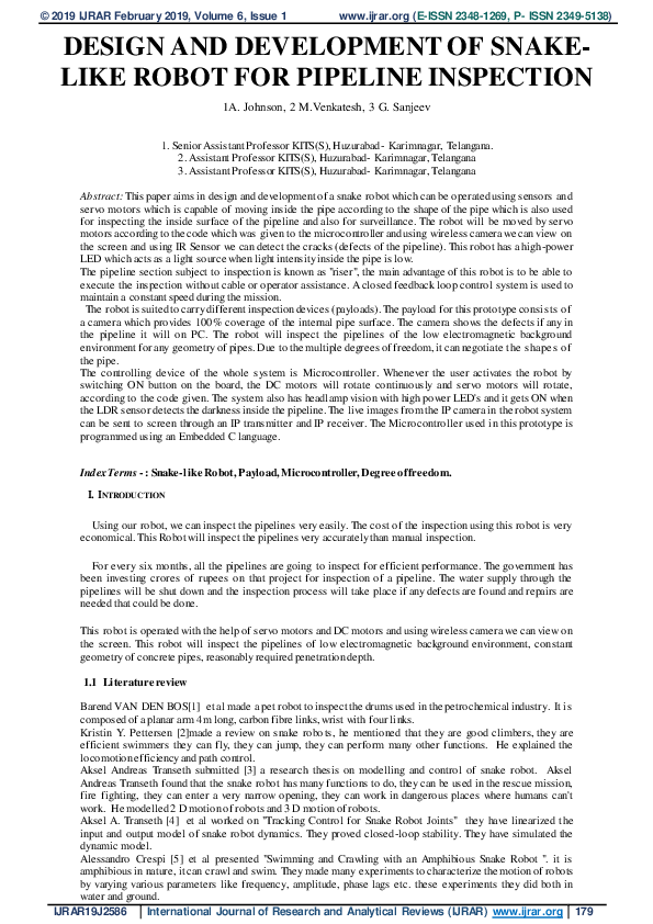 (PDF) DESIGN AND DEVELOPMENT OF SNAKE-LIKE ROBOT FOR PIPELINE INSPECTION
