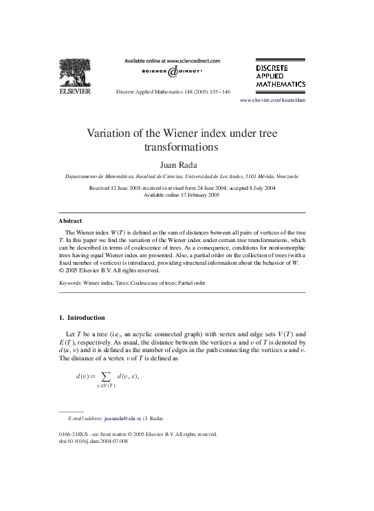 (PDF) Variation of the Wiener index under tree transformations
