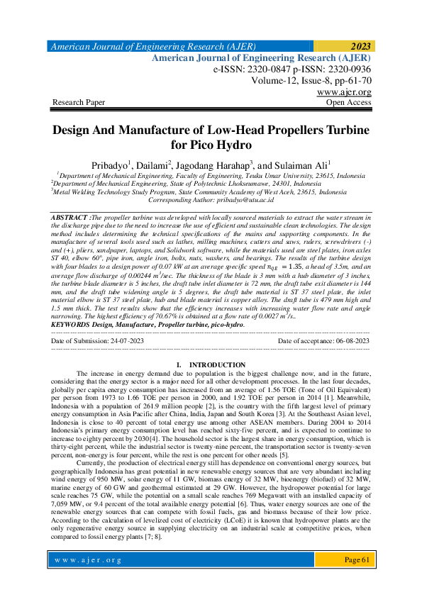 (PDF) Design And Manufacture of Low-Head Propellers Turbine for Pico Hydro
