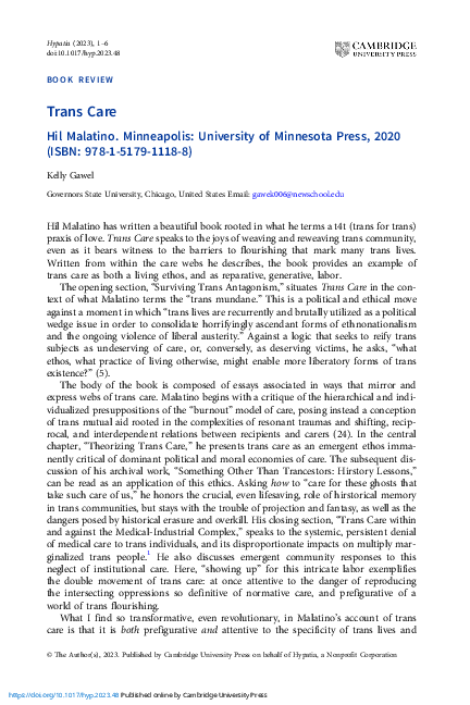 (PDF) Review of Hil Malatino's Trans Care