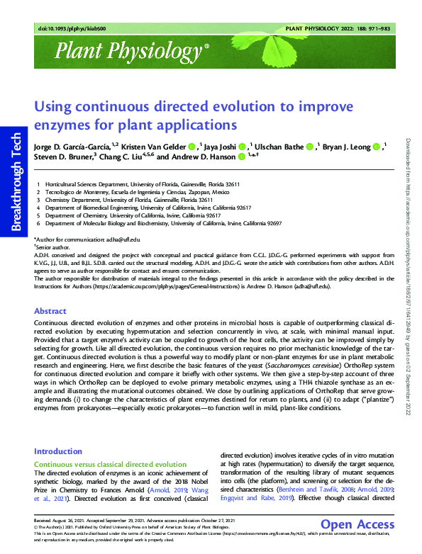 Pdf Using Continuous Directed Evolution To Improve Enzymes For Plant Applications Jaya Joshi