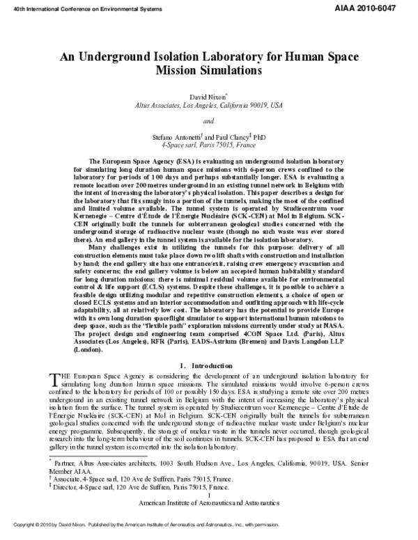 (PDF) An Underground Isolation Laboratory for Human Space Mission ...