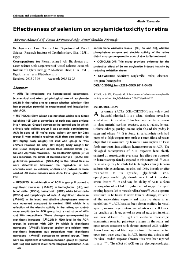 (PDF) Effectiveness of selenium on acrylamide toxicity to retina
