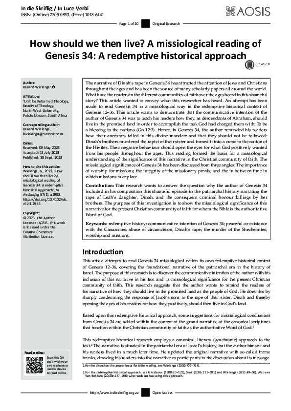 (PDF) How should we then live? A missiological reading of Genesis 34: A ...