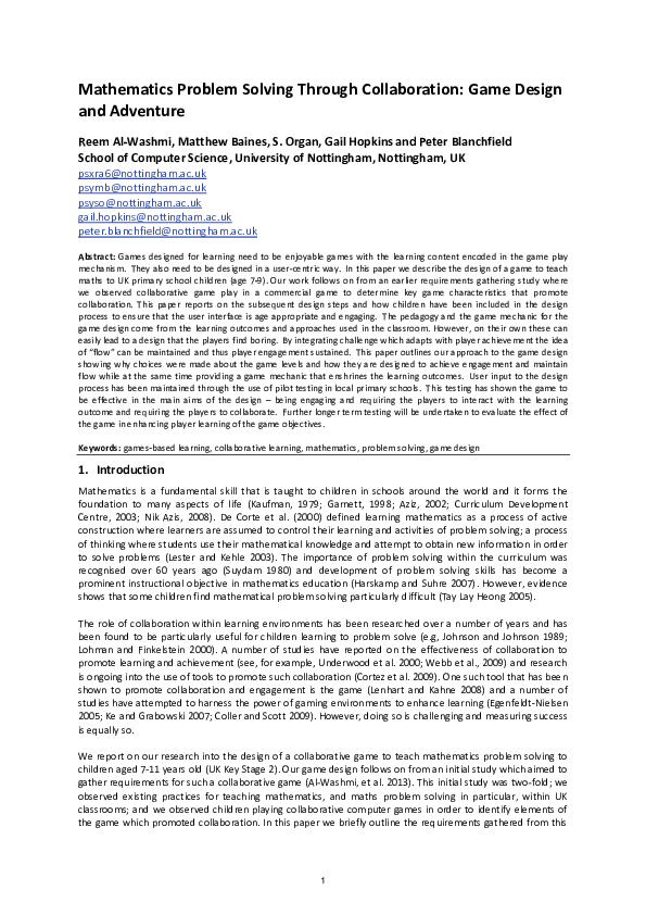 (PDF) Mathematics Problem Solving Through Collaboration: Game Design ...