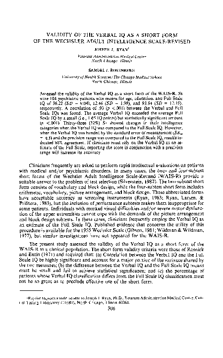 (PDF) Validity of the verbal IQ as a short form of the Wechsler adult ...