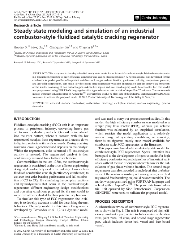 Pdf Steady State Modeling And Simulation Of An Industrial Combustor Style Fluidized Catalytic
