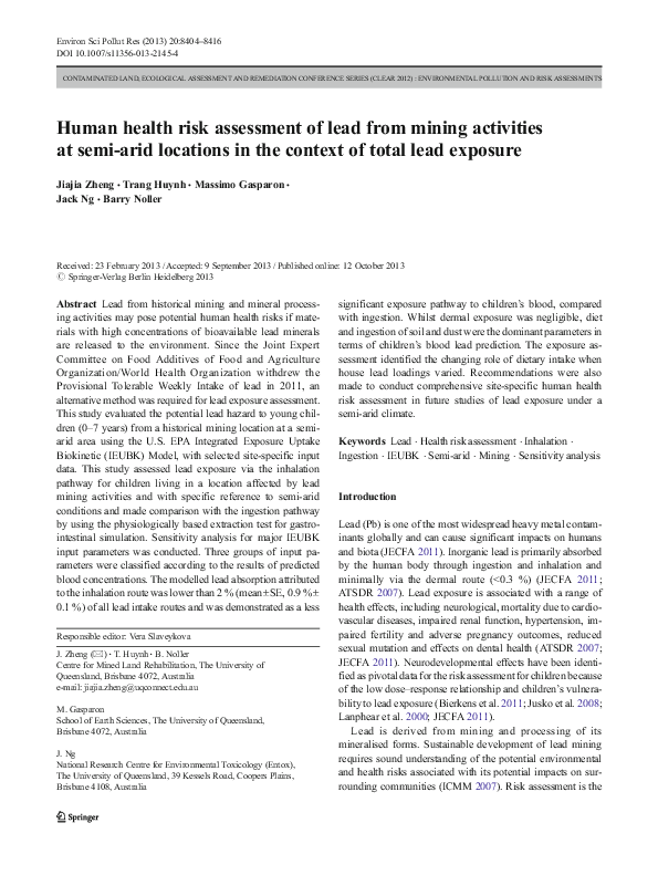 (PDF) Human health risk assessment of lead from mining activities at ...