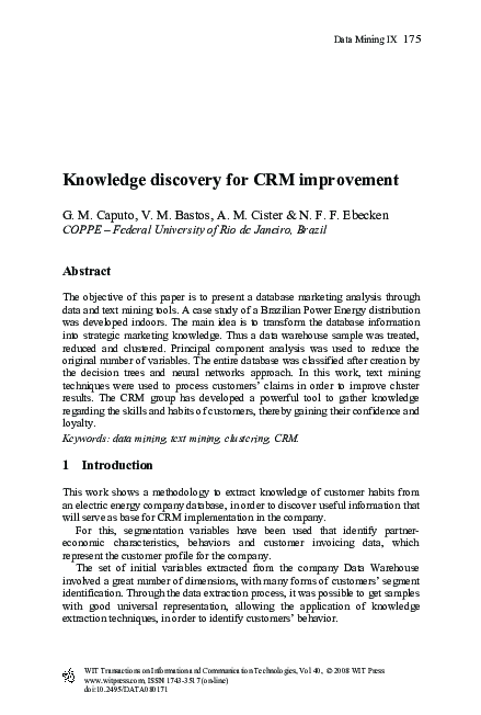 (PDF) Knowledge discovery for CRM improvement
