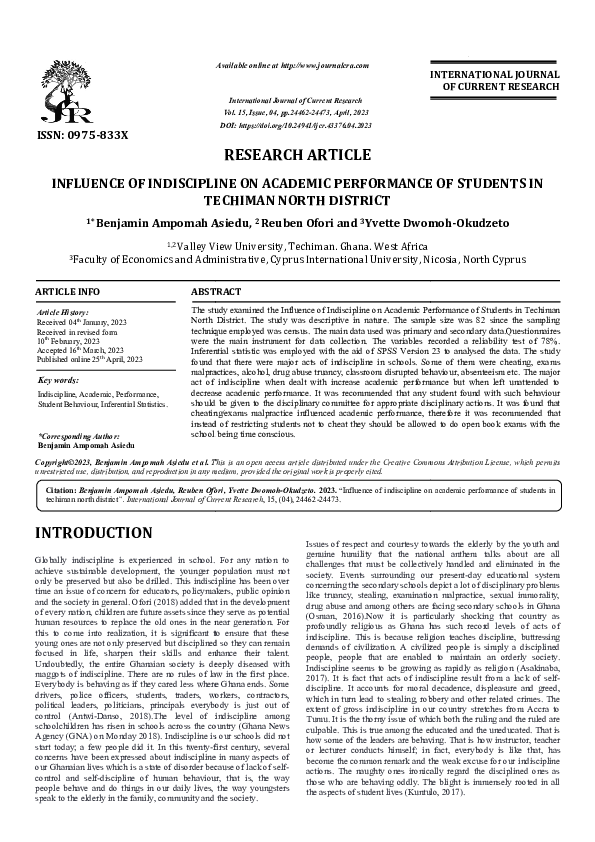 (PDF) INFLUENCE OF INDISCIPLINE ON ACADEMIC PERFORMANCE OF STUDENTS IN ...