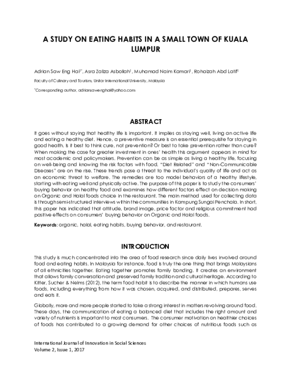 (PDF) A STUDY ON EATING HABITS IN A SMALL TOWN OF KUALA LUMPUR