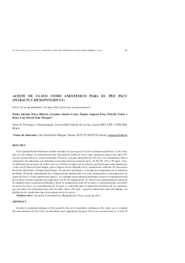 (PDF) Aceite de clavo como anestésico para el pez pacu (piaractus ...