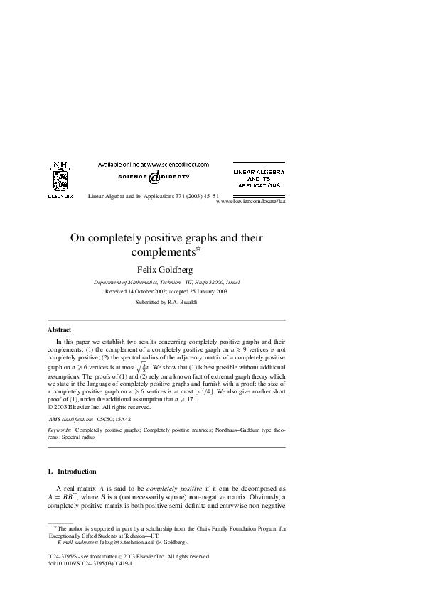 (PDF) On Completely Positive Graphs and Their Complements
