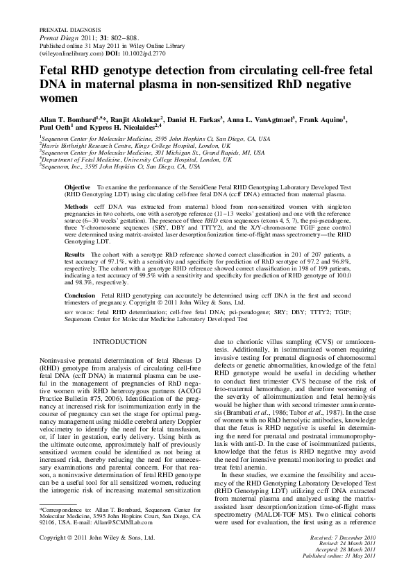 (PDF) Fetal RHD genotype detection from circulating cell-free fetal DNA ...