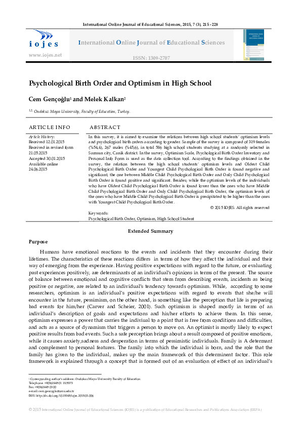 (PDF) Psychological Birth Order and Optimism in High School