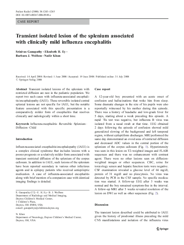 (PDF) Transient isolated lesion of the splenium associated with ...