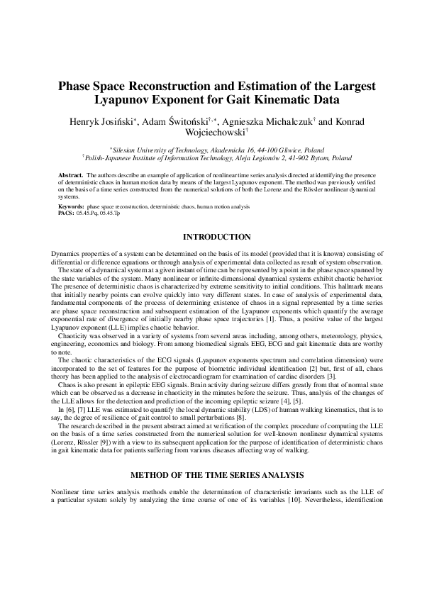 (PDF) Phase space reconstruction and estimation of the largest Lyapunov exponent for gait ...
