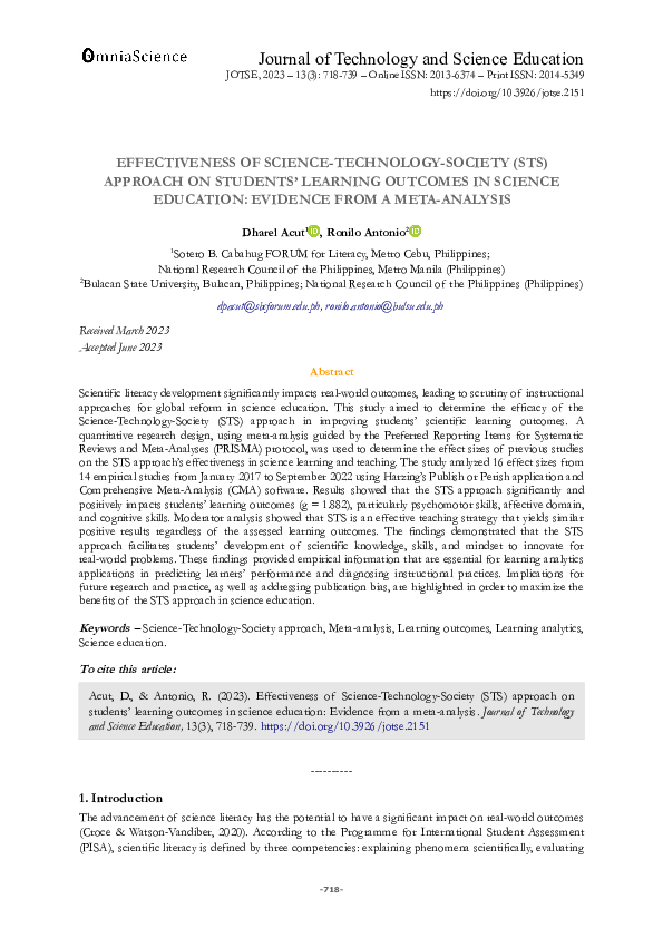 (PDF) Effectiveness of Science-Technology-Society (STS) approach on ...