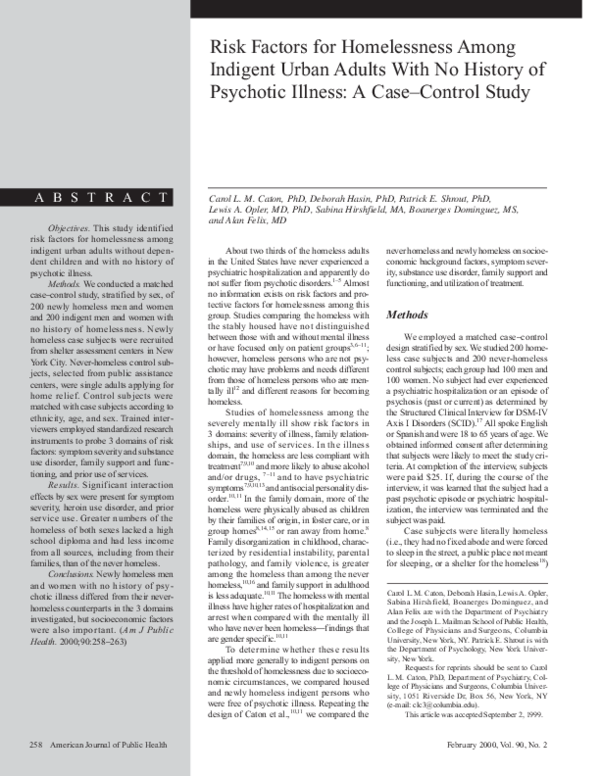 (PDF) Risk Factors for Homelessness in Urban Adults: A Case-Control Study