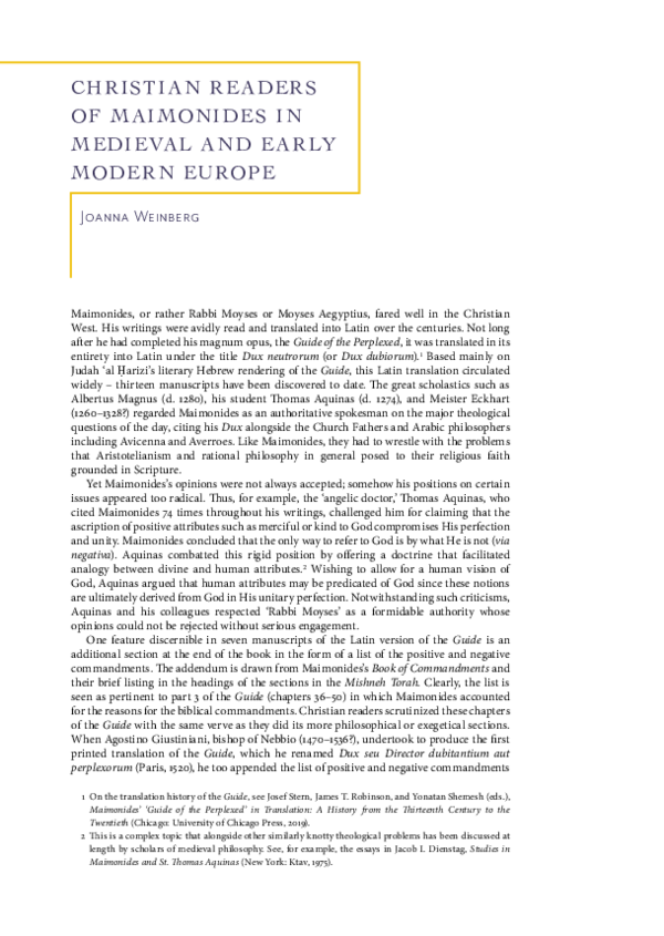 (PDF) Joanna Weinberg, “Christian Readers of Maimonides in Medieval and ...