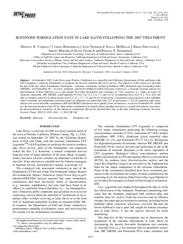 (PDF) Rotenone formulation fate in Lake Davis following the 2007 treatment