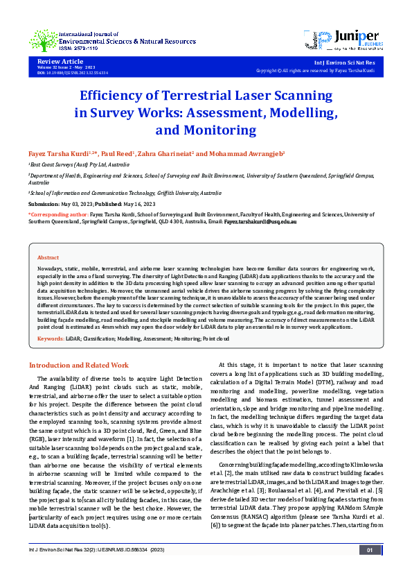 (PDF) Efficiency of Terrestrial Laser Scanning in Survey Works: Assessment, Modelling, and ...