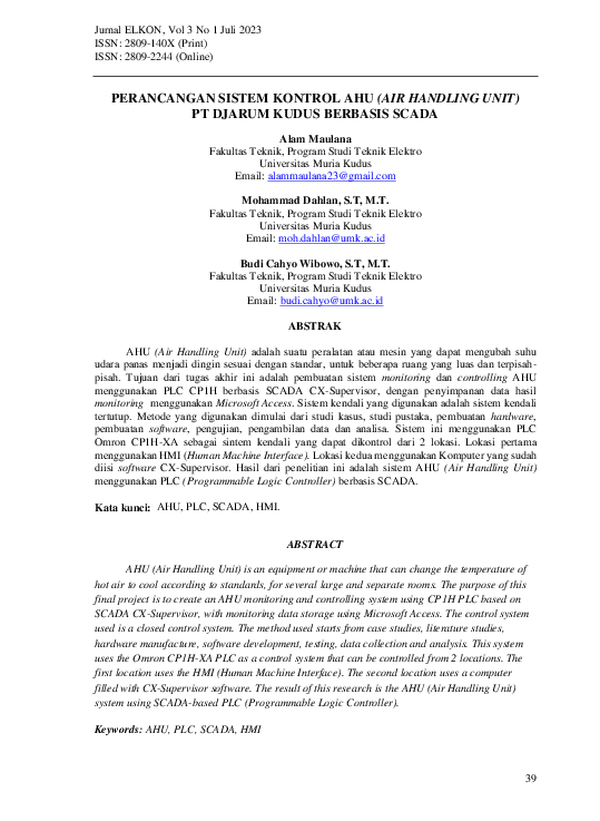 (PDF) Perancangan Sistem Kontrol Ahu (Air Handling Unit) PT Djarum Kudus Berbasis Scada