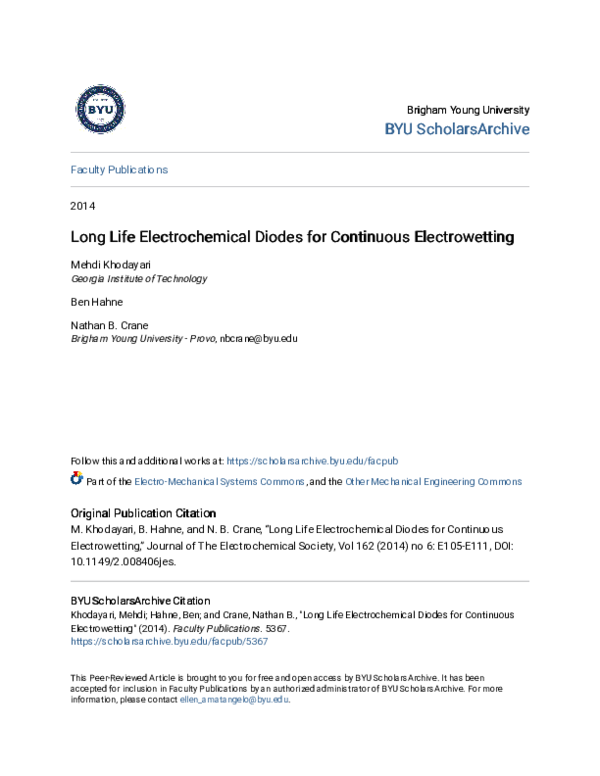 (PDF) Long Life Electrochemical Diodes for Continuous Electrowetting | Mehdi Khodayari ...