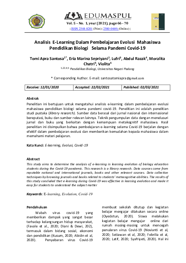 (PDF) Analisis E-Learning Dalam Pembelajaran Evolusi Mahasiswa Pendidikan Biologi Selama Pandemi ...