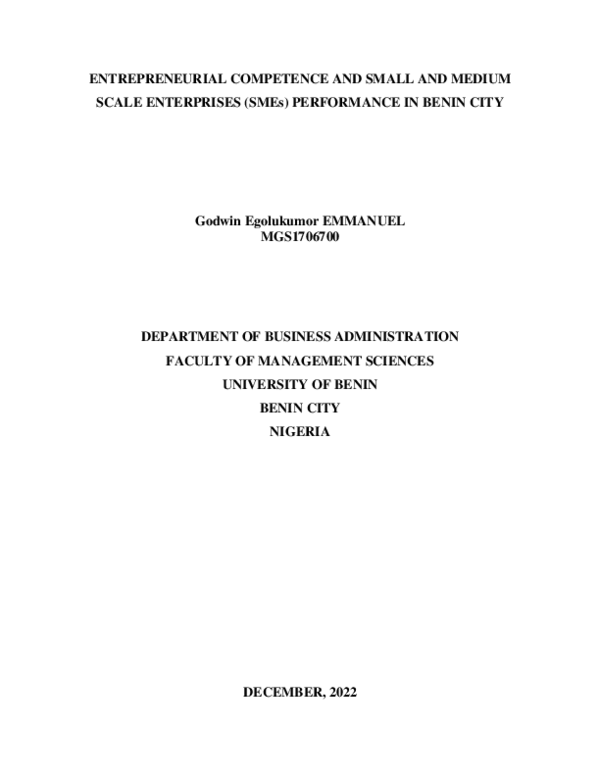 (PDF) ENTREPRENEURIAL COMPETENCE AND SMALL AND MEDIUM SCALE ENTERPRISES (SMEs) PERFORMANCE IN ...