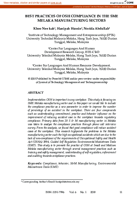 (PDF) Best Practices of Osh Compliance in the Sme Melaka Manufacturing ...