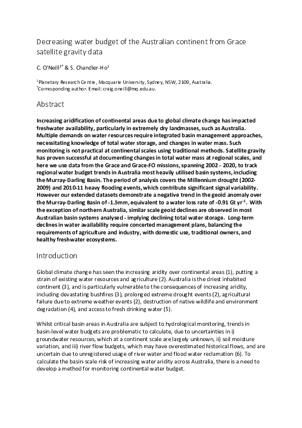 Pdf Decreasing Water Budget Of The Australian Continent From Grace Satellite Gravity Data