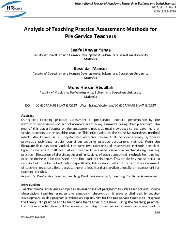(PDF) Analysis of Teaching Practice Assessment Methods for Pre-Service Teachers