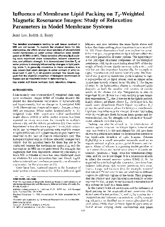 (PDF) Influence of membrane lipid packing onT2-weighted magnetic ...