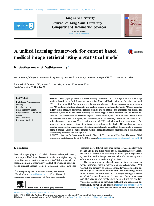 (PDF) A unified learning framework for content based medical image retrieval using a statistical ...