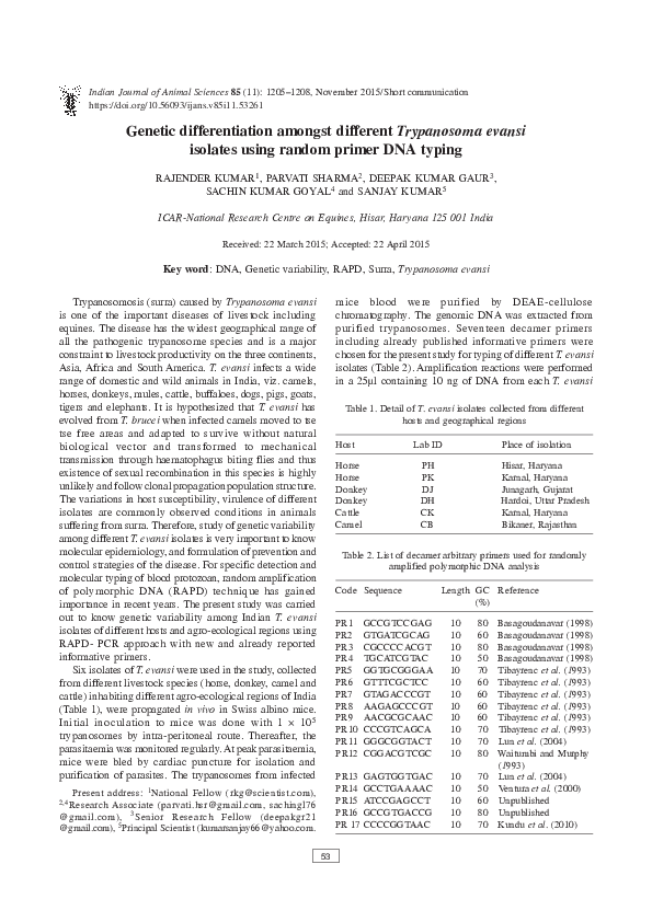 (PDF) Genetic differentiation amongst different Trypanosoma evansi ...