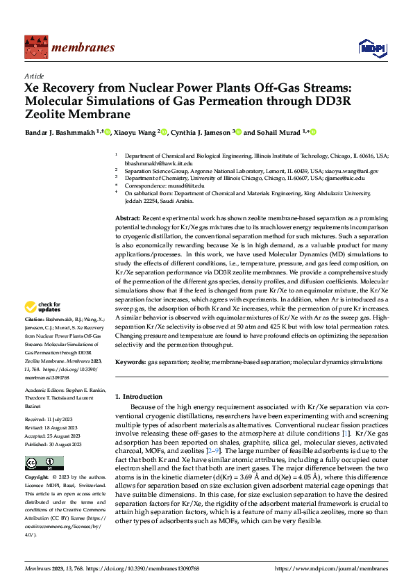 (PDF) Xe Recovery from Nuclear Power Plants Off-Gas Streams: Molecular Simulations of Gas ...