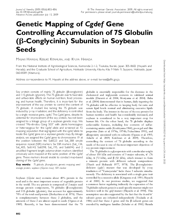 (PDF) Genetic Mapping of Cgdef Gene Controlling Accumulation of 7S Globulin ( -Conglycinin ...